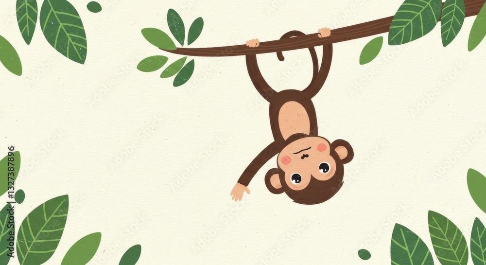 Playful Monkey Hanging Upside Down - A cute cartoon monkey playfully ...