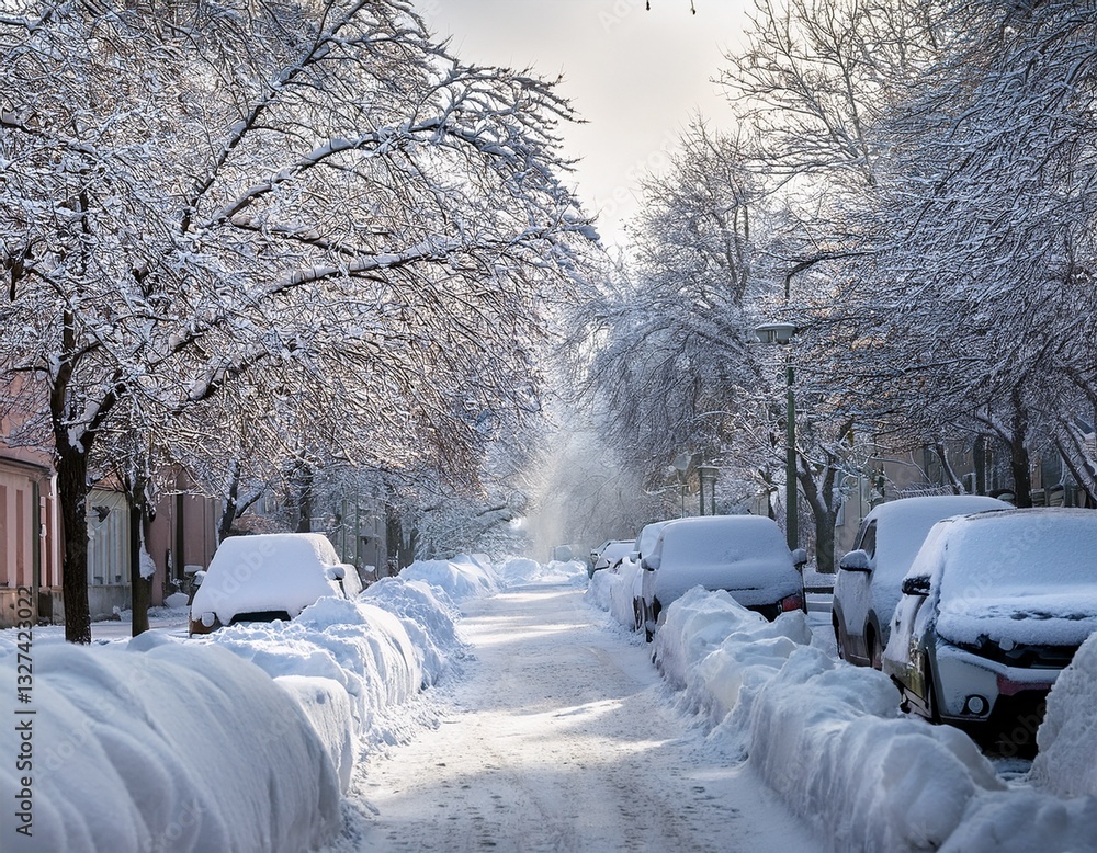 snow covered city street in frosty day after a heavy snowfall lots of ...