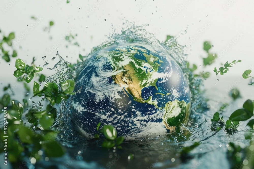 Earth splashing into water, surrounded by floating green leaves ...