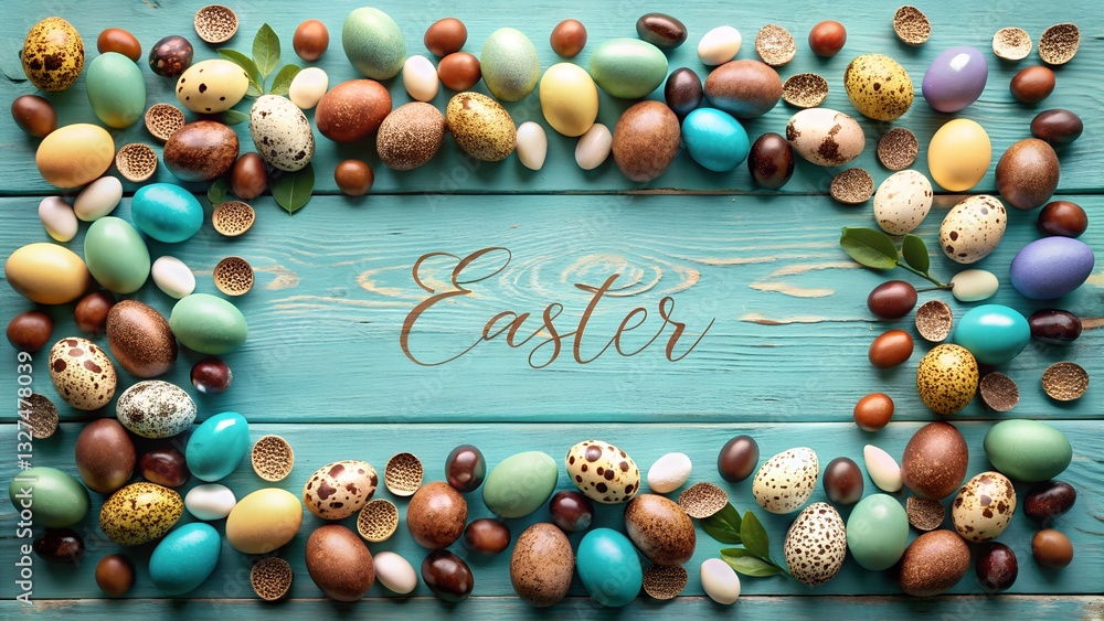 Top down view of an Easter border frame of robin's eggs and chocolate ...