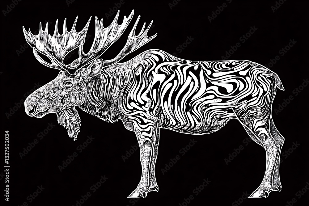 Tubby moose bold and thick with grand antlers and fuzzy hair in ...