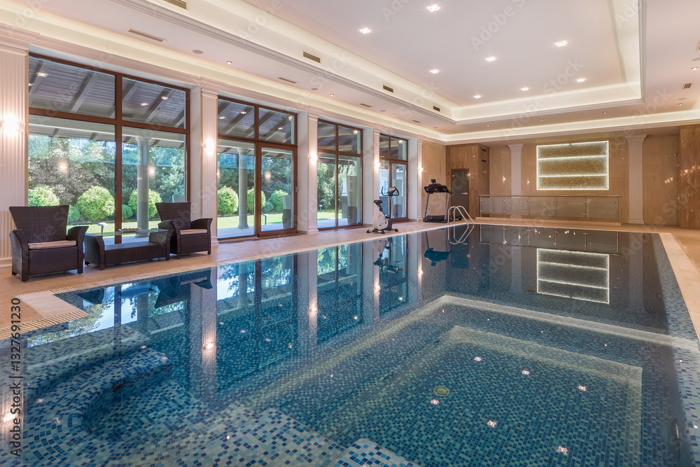 The magnificent design of the indoor swimming pool with a summer ...