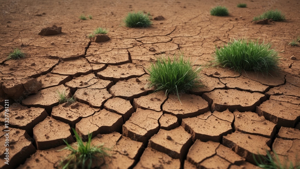 Scorched earth and clods of earth are visible on arid land resulting ...