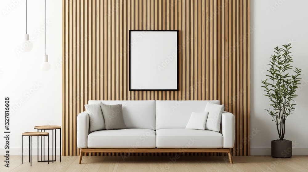 Minimalist Japandi interior, wooden slats as accent wall, simple modern ...