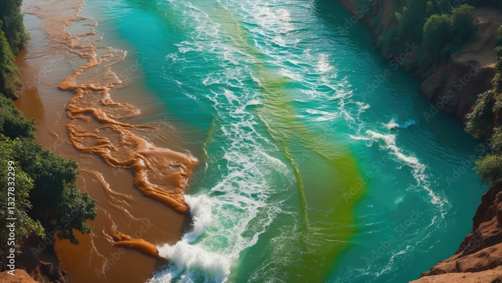Convergence of muddy colored river and green colored river to create ...