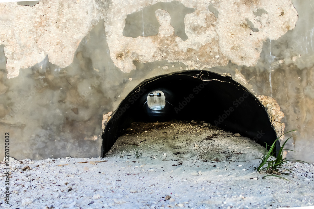 close-up of an old culvert system under a roadway to help prevent water ...