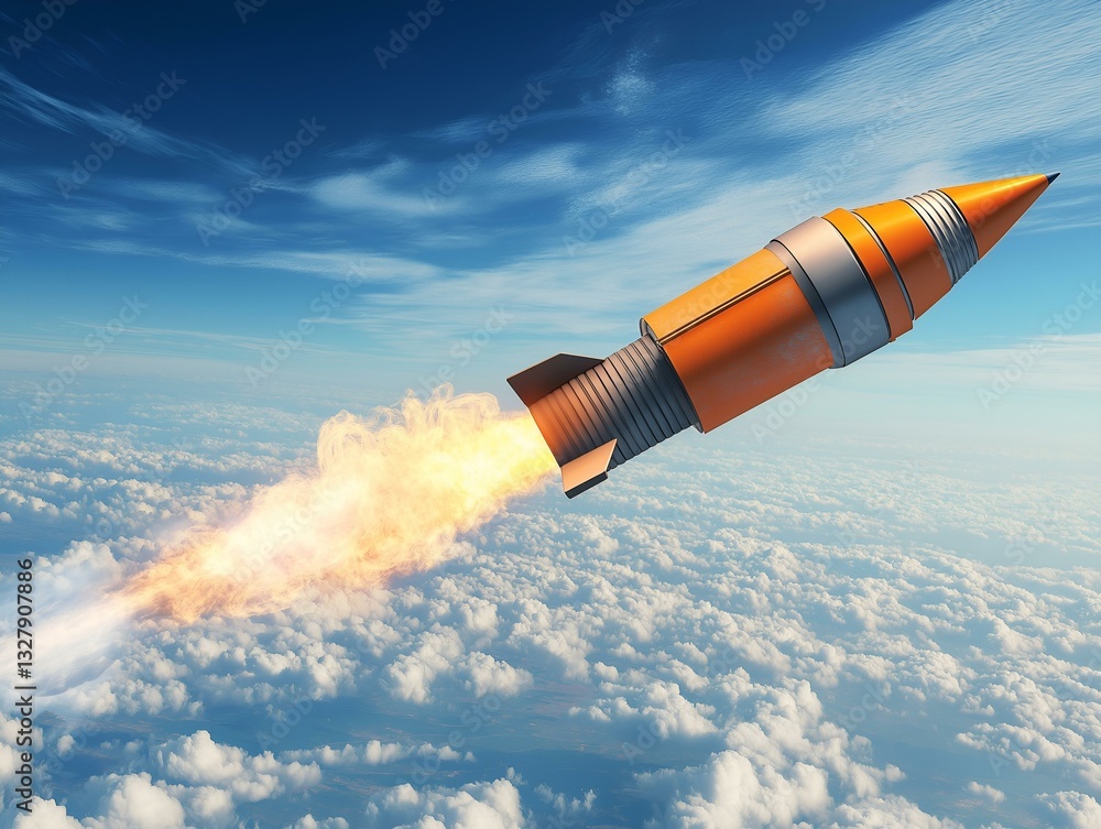 missile launch, bright sky, orange and white missile, smoke trail ...