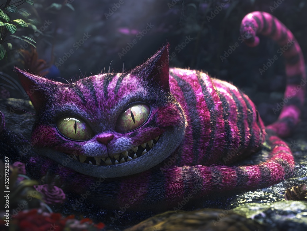 Striped Cheshire Cat Character Smiling Intensely Lying Down in Forest ...