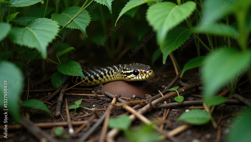Venomous copperhead snake concealed among grass in nature. Stock Photo ...