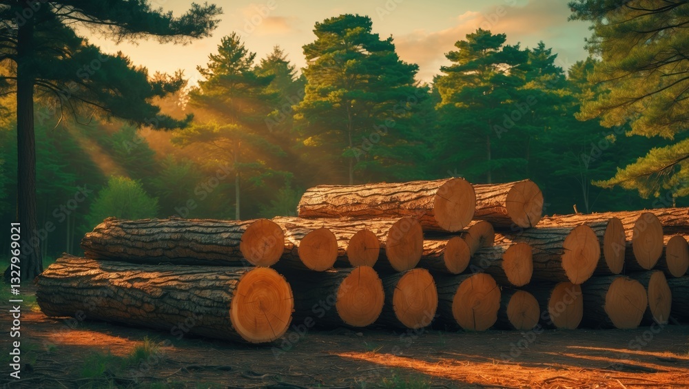 Freshly cut tree logs are arranged in the forest at sunset. Pine logs ...
