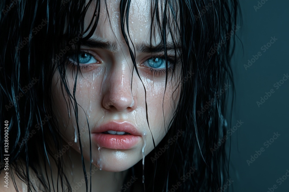 Expressive portrait of a young woman with wet hair and tear-streaked ...
