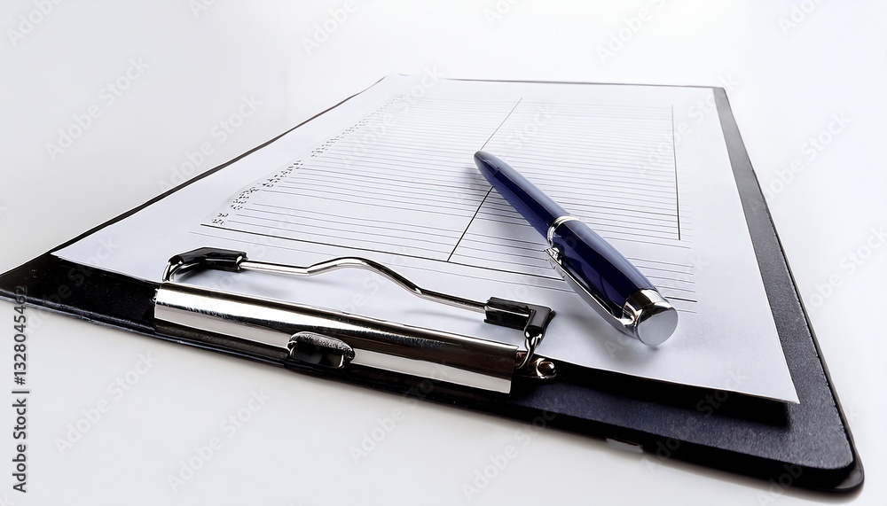 A clipboard with a sheet of paper and a blue pen, angled to show a ...