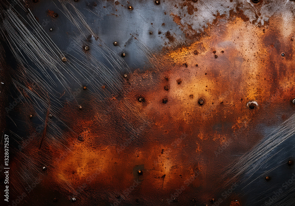High-contrast scratched metal texture with oxidation spots and ...