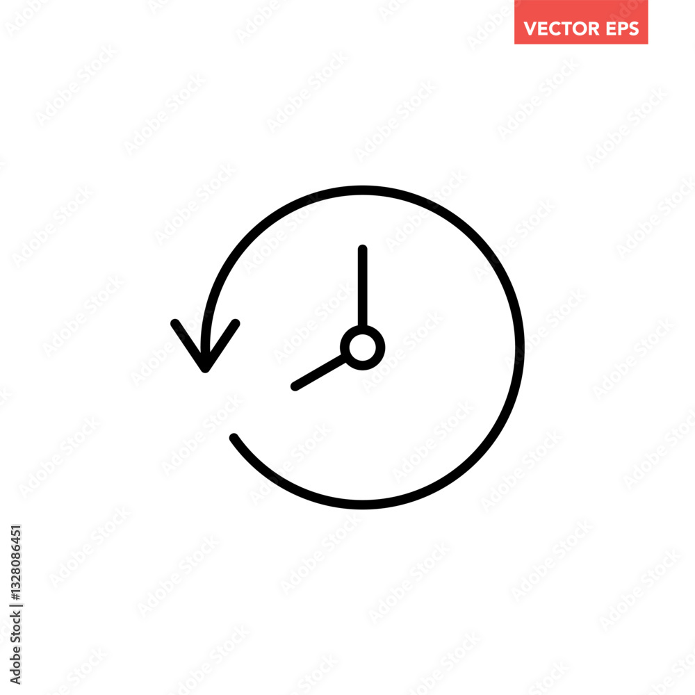 Black back time on clock line icon, simple linear round clock face flat ...