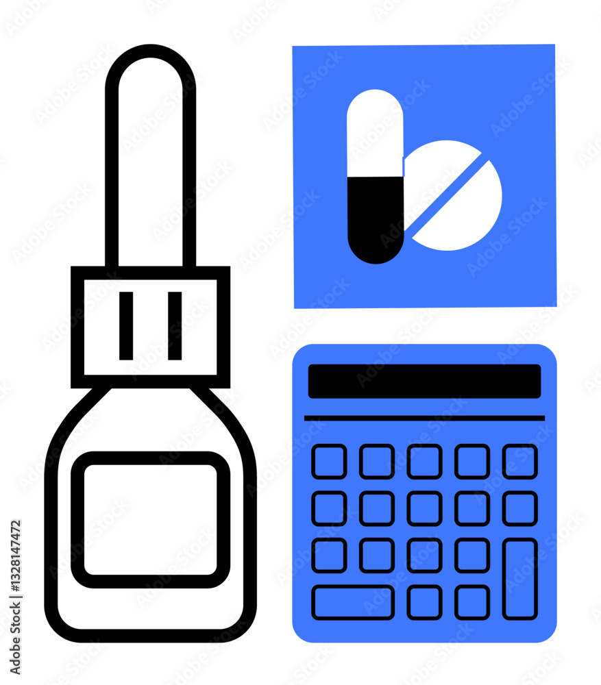 Nasal spray bottle, calculator, and pill icons combine to represent ...