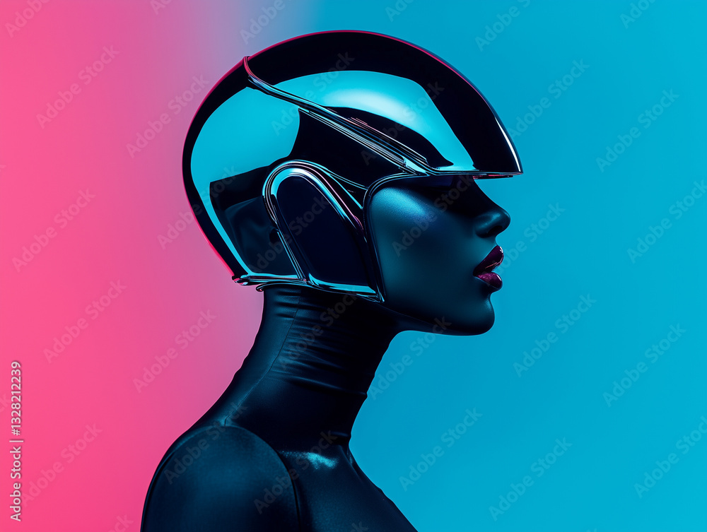 futuristic female cyborg model wearing sleek metallic helmet, captured ...