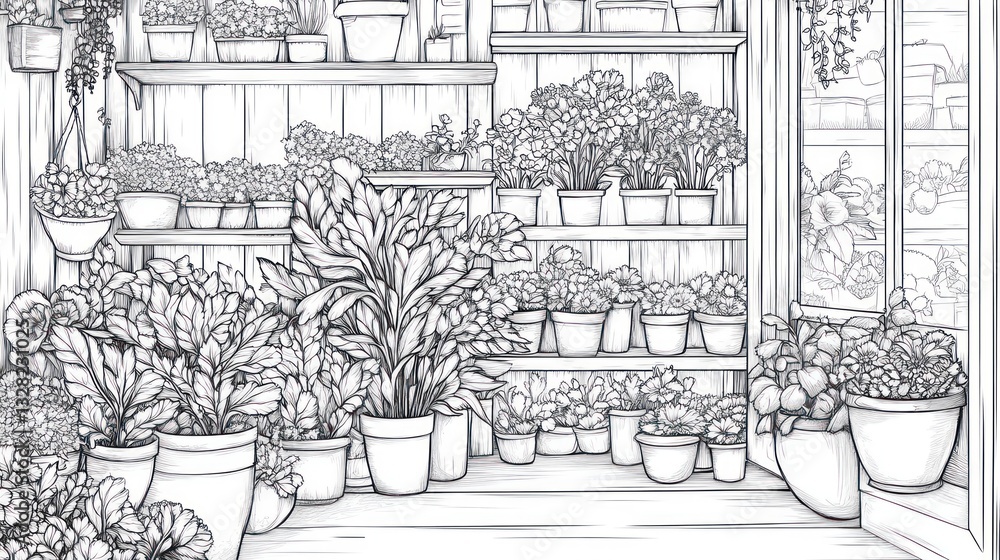 Floral shop interior, black and white, plants, shelves, artistic ...