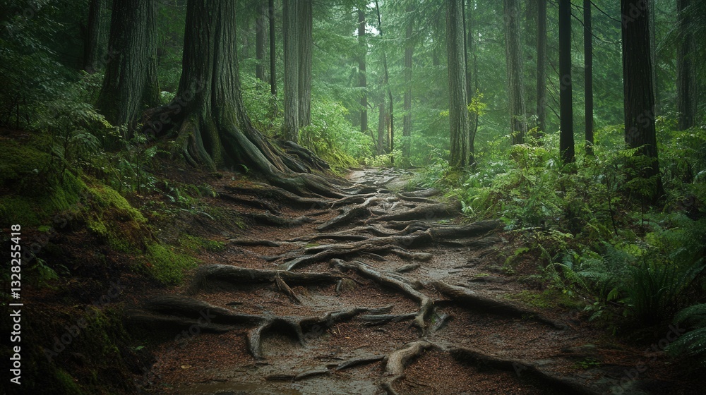 Ilustración de Stock damp forest trail, where giant tree roots rise ...