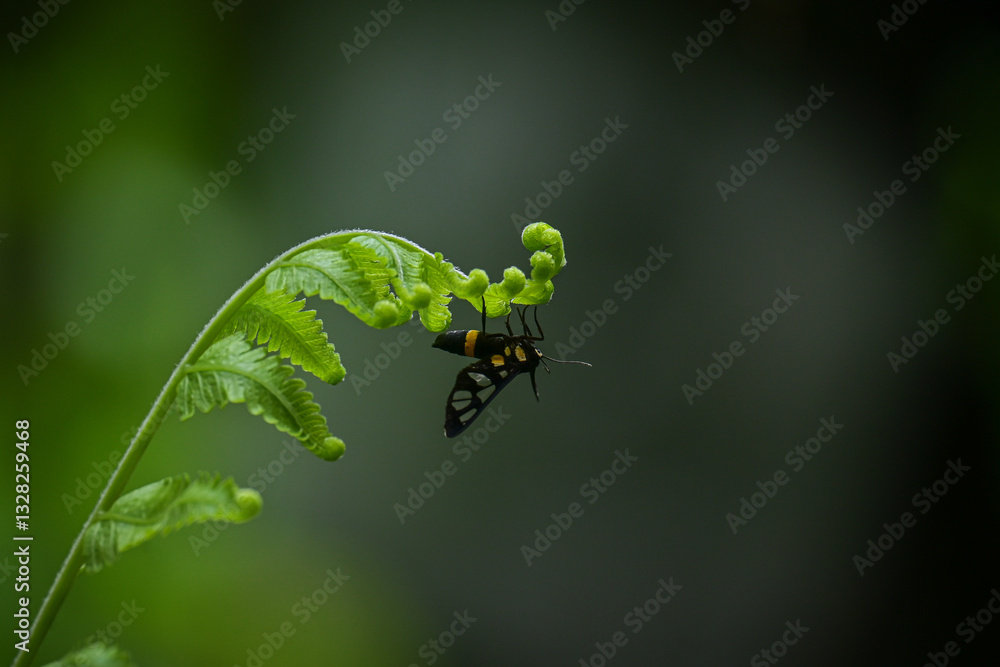 Handmaiden moth, Syntomoides imaon, hanging upside down under a curved ...