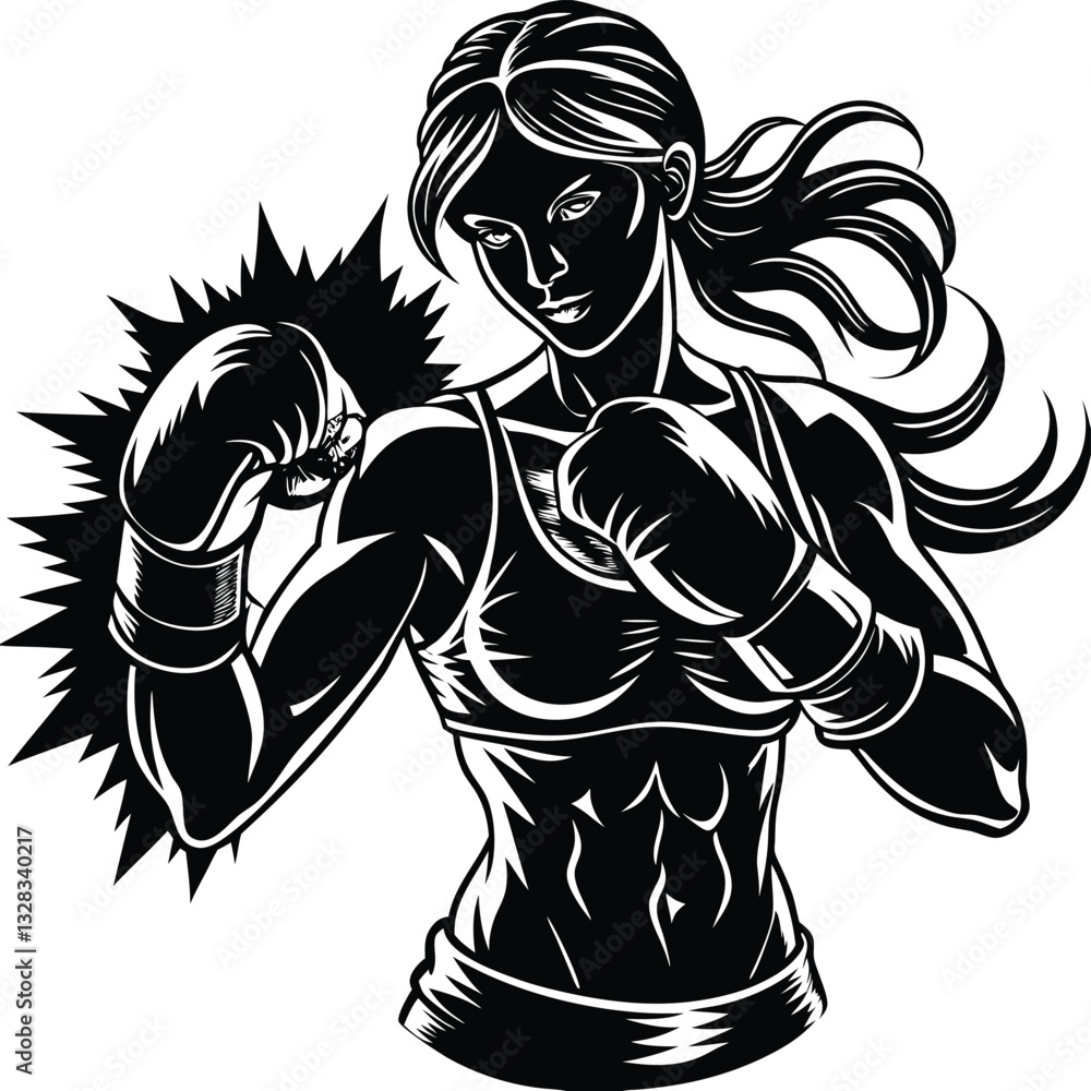 Female boxing player pose vector silhouette, isolated white background ...