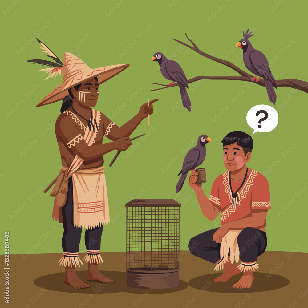 Indigenous Men with Birds in Cage Question Mark Concept Illustration ...