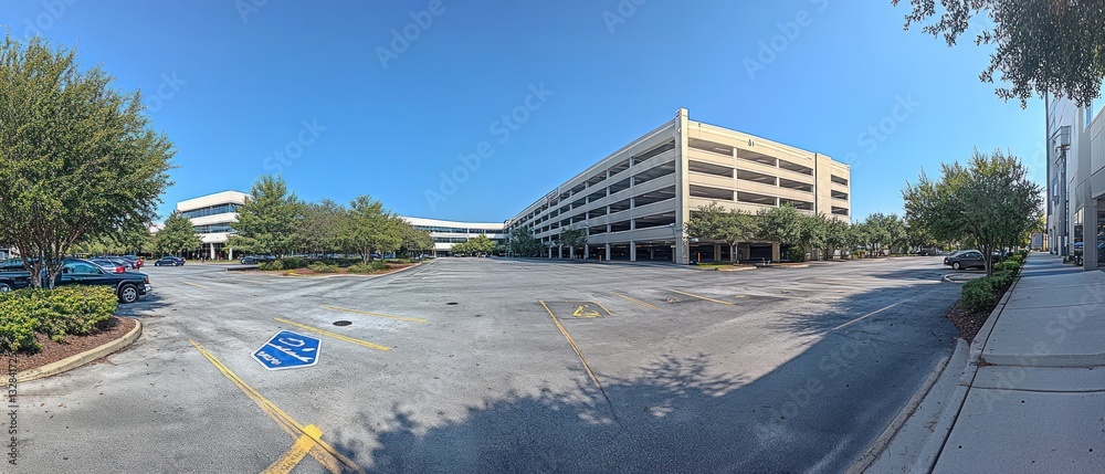Large parking structure with buildings and trees under a blue sky Stock ...