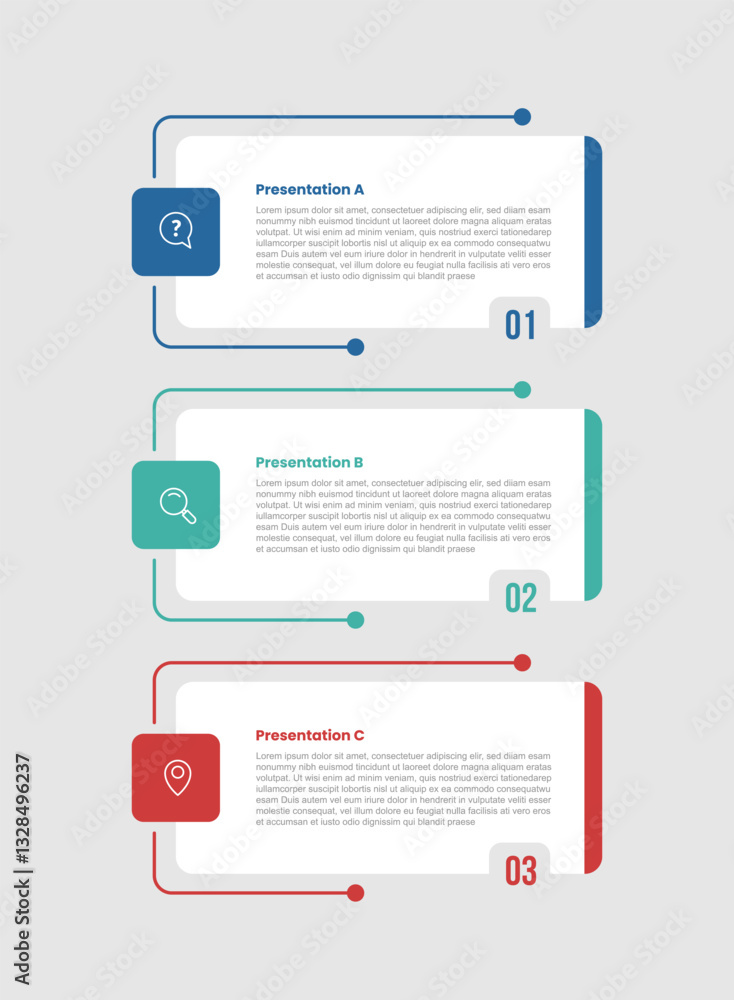 3 stage infographic diagram with round box container and line connection stacked with 3 step for ...