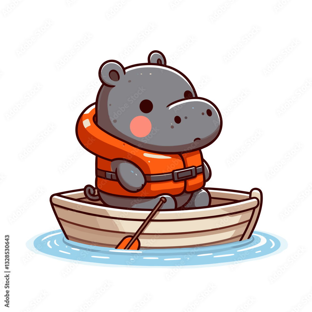 Hippo sailor rowing wooden boat wearing life vest. Vector illustration ...