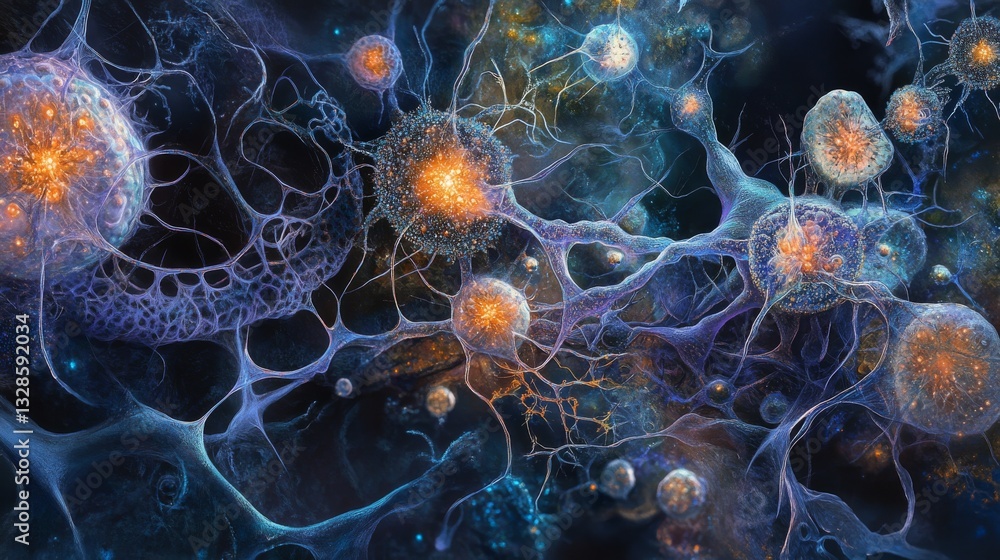 Cross-section view of multiple interconnected neurons in ethereal ...