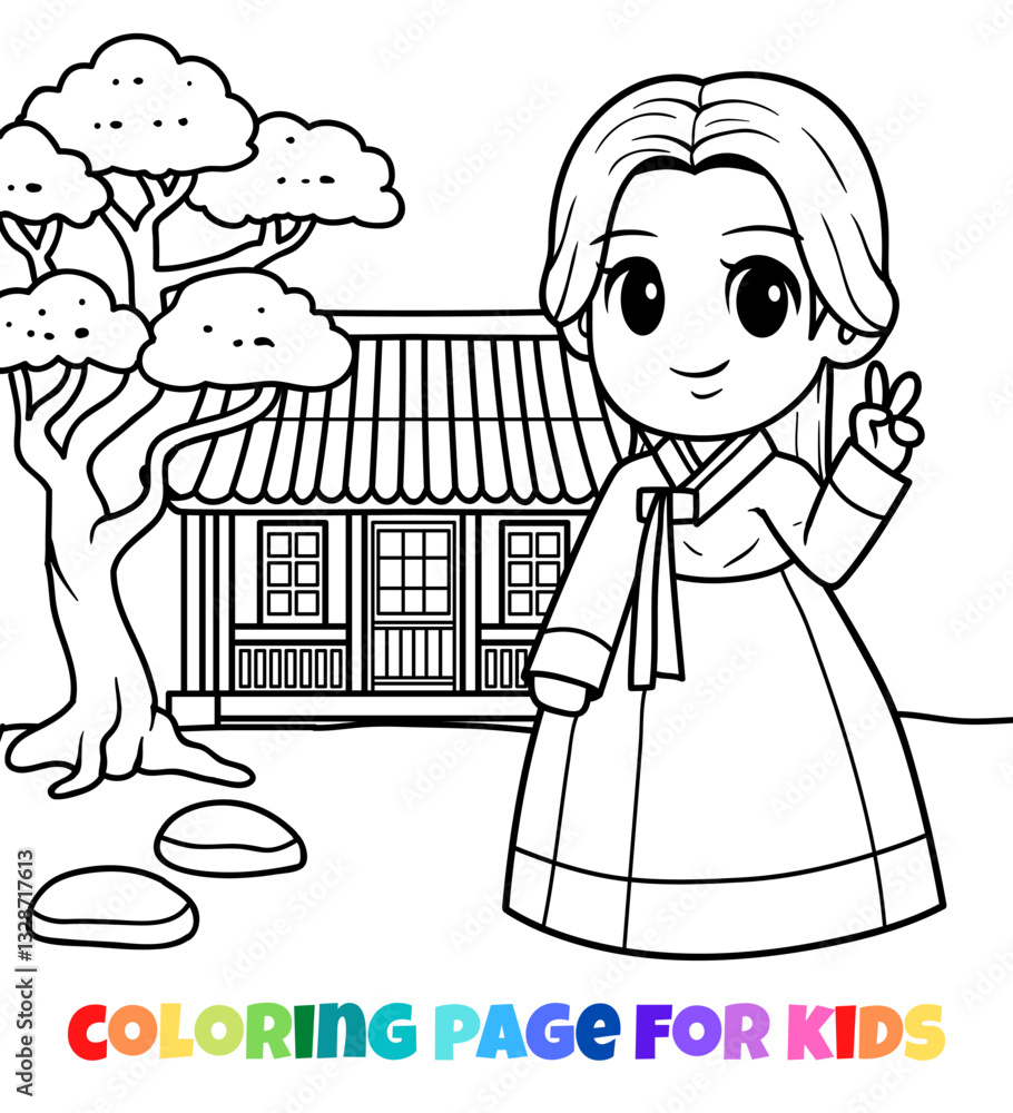 Hanbok girl character coloring page outline illustration Stock Vector ...
