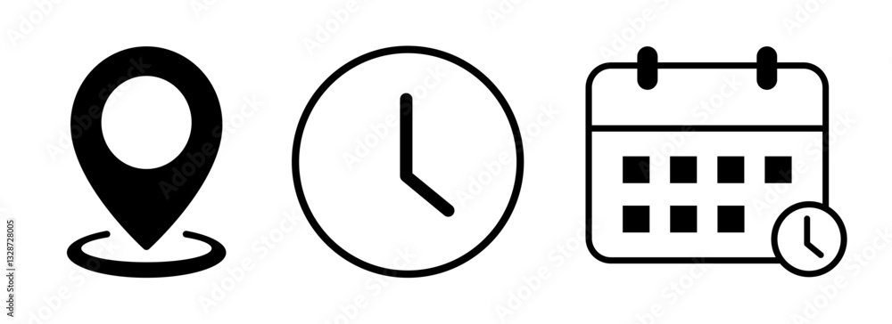 Time, date, and address icon set. Event calendar icons, reminder clock business schedule linear ...