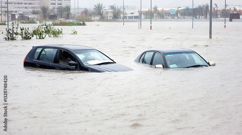 Cars submerged in floodwater after heavy rain, highlighting the ...