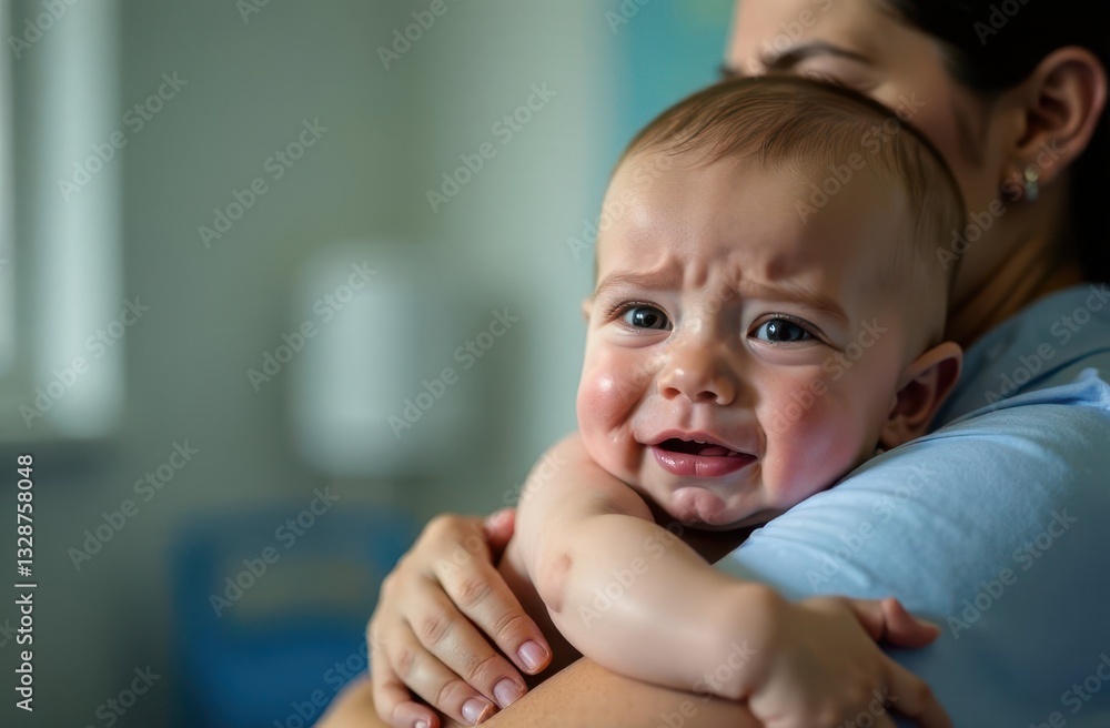 Child crying while being comforted by caregiver in indoor setting Stock ...
