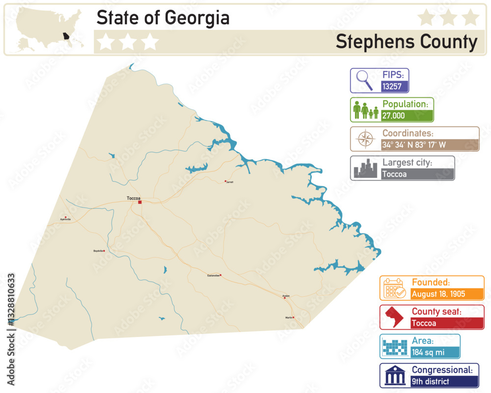 Detailed infographic and map of Stephens County in Georgia USA. Stock ...