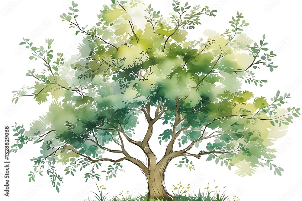 Hand-drawn watercolor vector tree top view, isolated on white ...