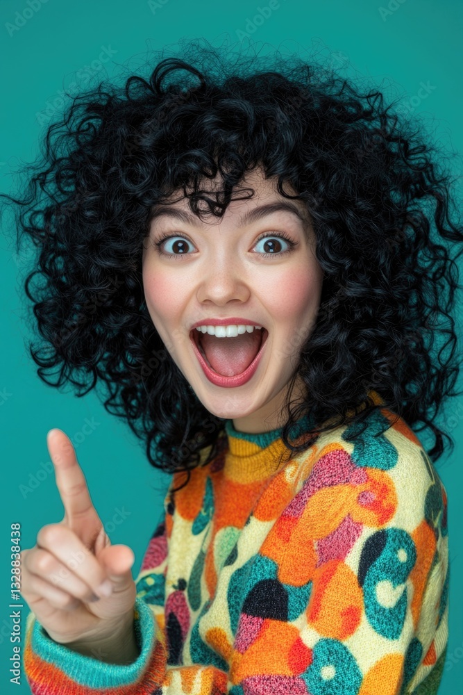 A woman with curly hair making a funny face, suitable for use in ...