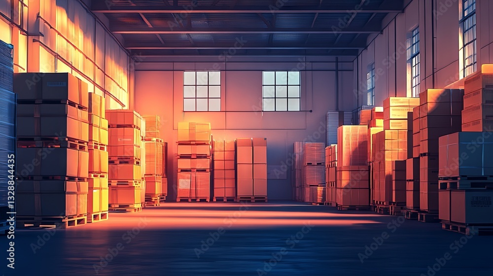 Industrial warehouse filled with stacked boxes. Logistics center and ...