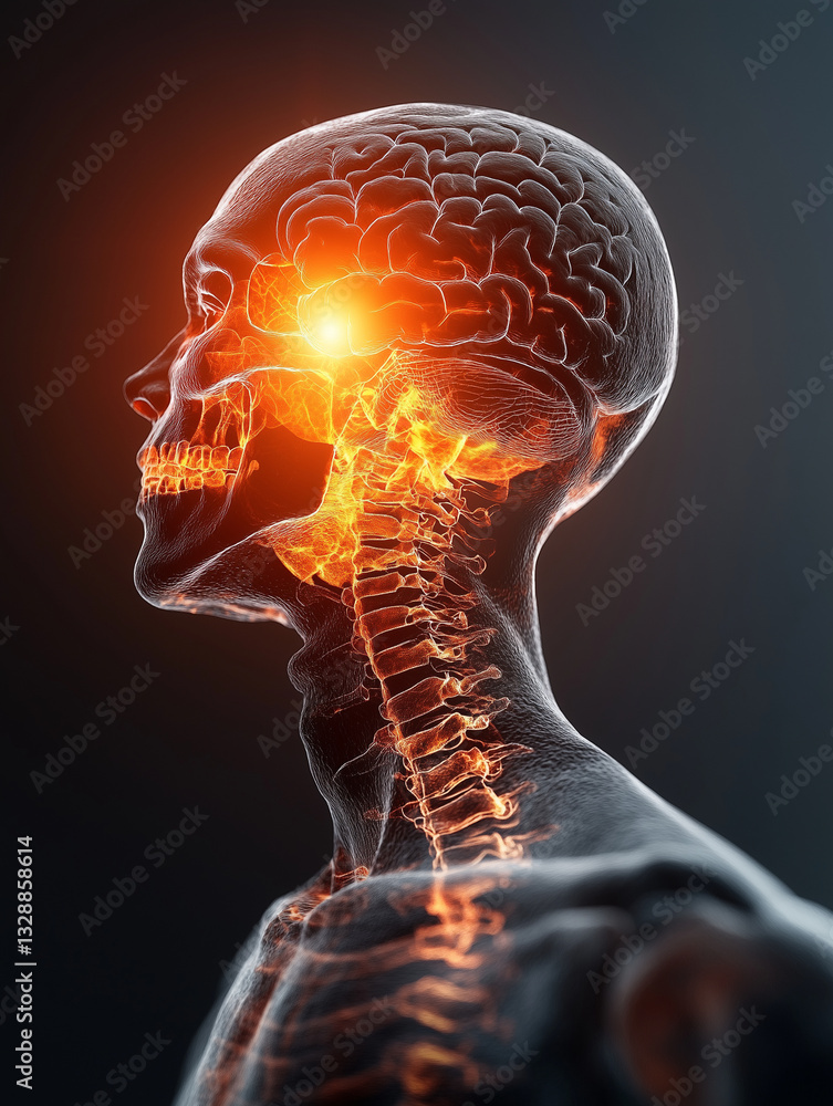 ภาพประกอบ Stock Anatomical illustration of human skull and spine with ...