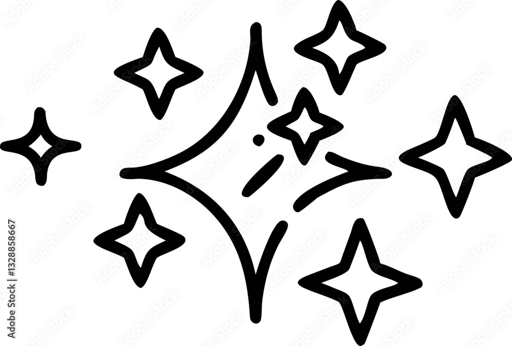 simple black and white illustration of sparkling stars, conveying sense ...
