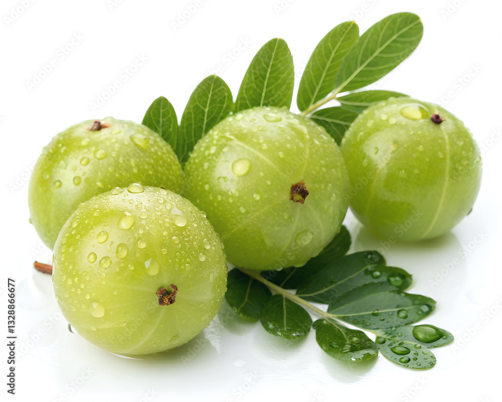 Fresh amla (Indian gooseberry) fruits with cut in half levitate ...