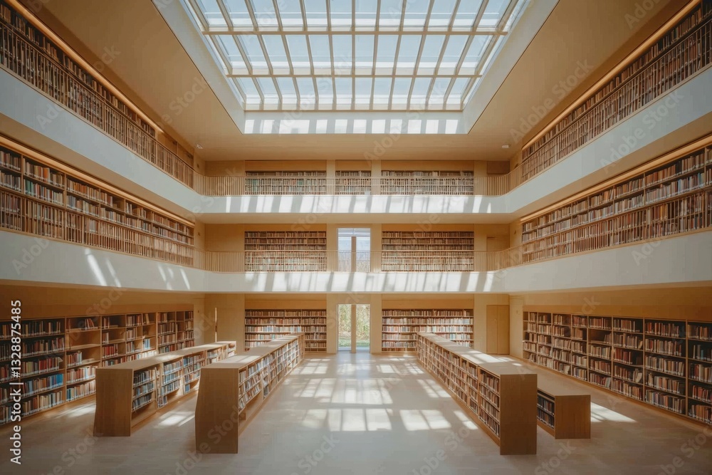 Modern library interior filled with books and natural light in an architectural masterpiece ...