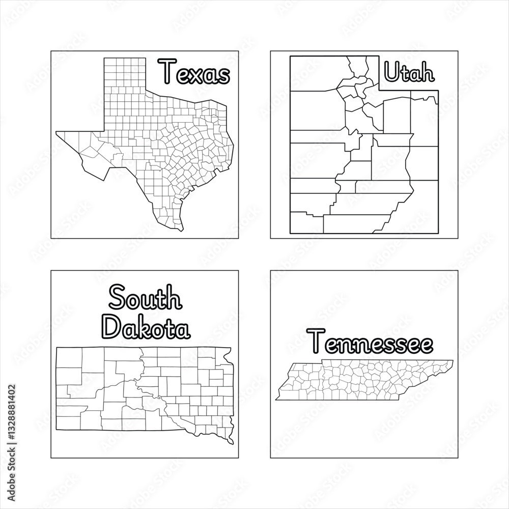 State maps, Texas Utah South Dakota Tennessee, outline drawings, black ...