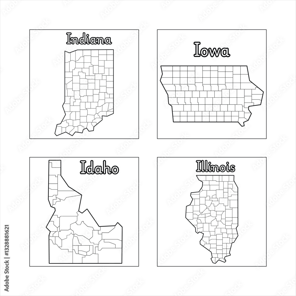 Map outlines, US states, Indiana, Iowa, Idaho, Illinois, county ...