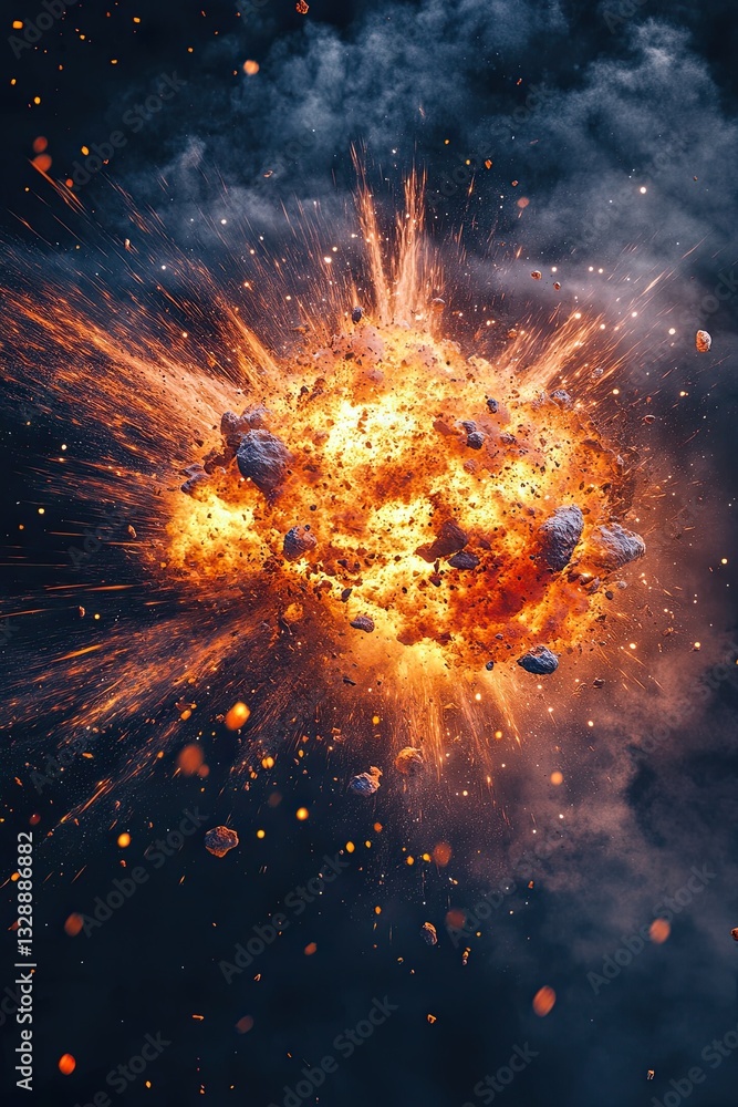 Powerful fiery explosion with flying debris and smoke in dark ...