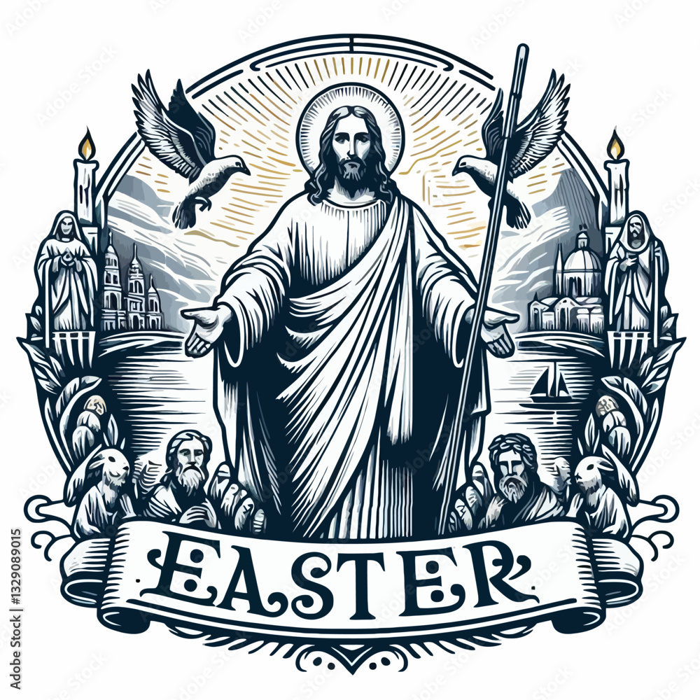 Emblema de Pascua: un logo con Jesús Cristo, una cruz y símbolos de ...