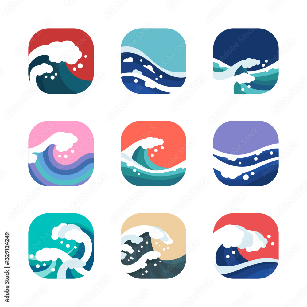 Стоковое векторное изображение «ocean wave flat icon set rectangle crop ...