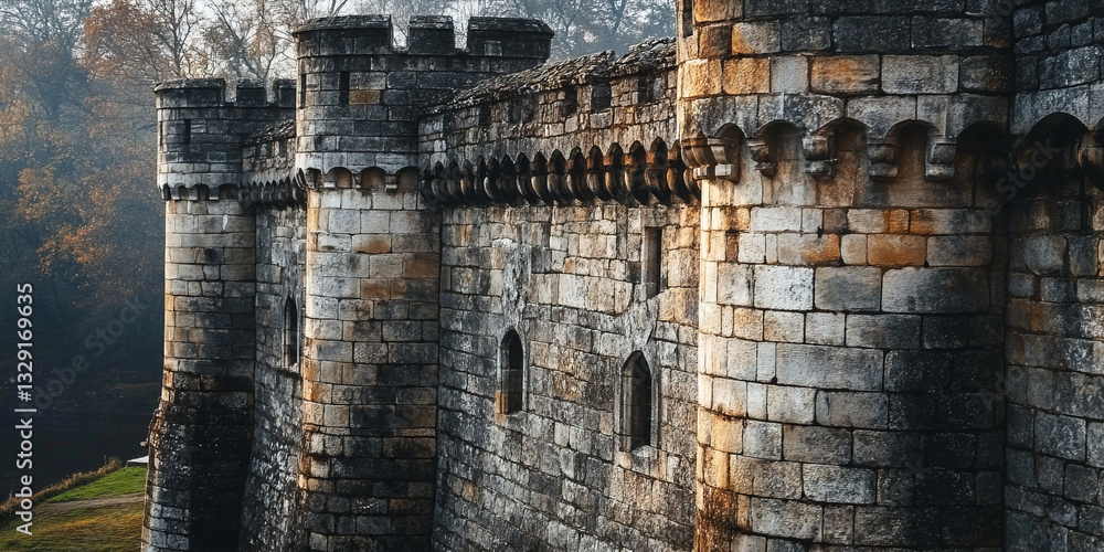 Medieval fortified stone wall featuring towers and loopholes in a ...