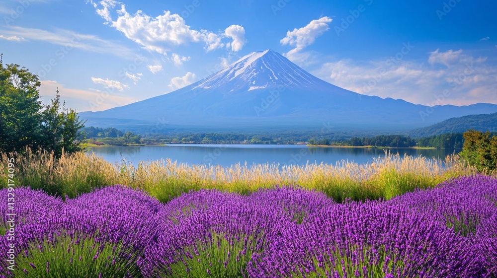 Lavender fields blooming near mount fuji a scenic daylight landscape of ...