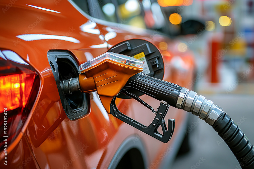 Fueling an orange car at a gas station Stock Photo | Adobe Stock