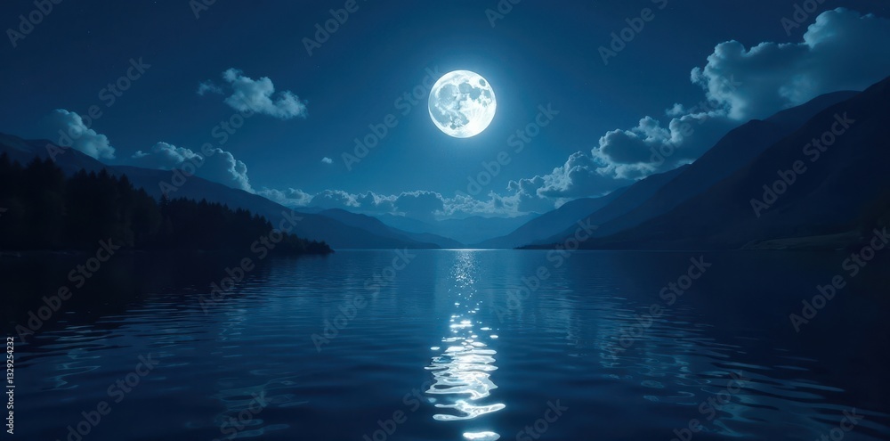 Brilliant moonlight creates a luminous trail on the inky black water ...
